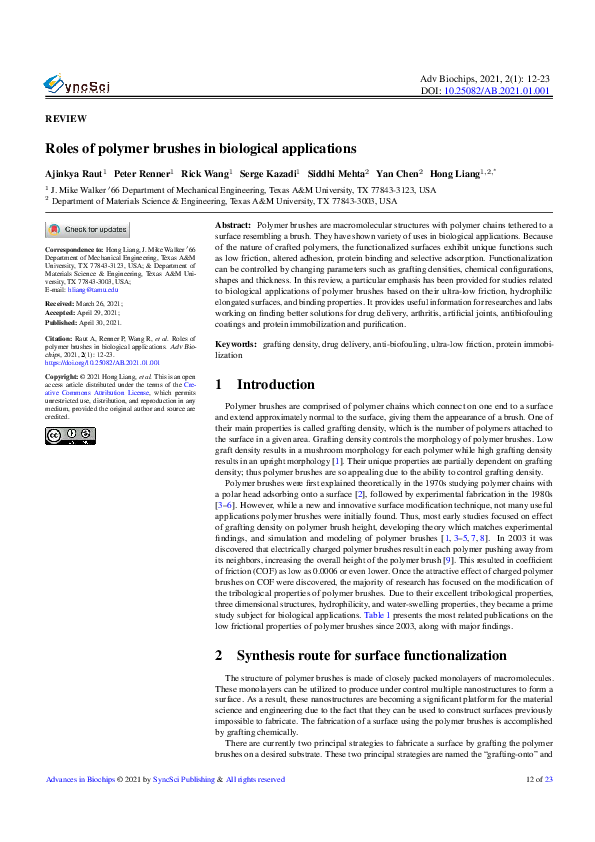 (PDF) Roles of polymer brushes in biological applications
