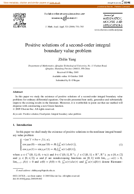 (PDF) Positive solutions of a second-order integral boundary value problem