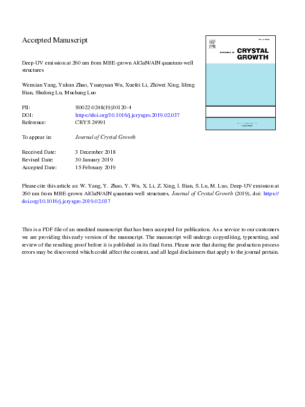 (PDF) Deep-UV emission at 260 nm from MBE-grown AlGaN/AlN quantum-well structures