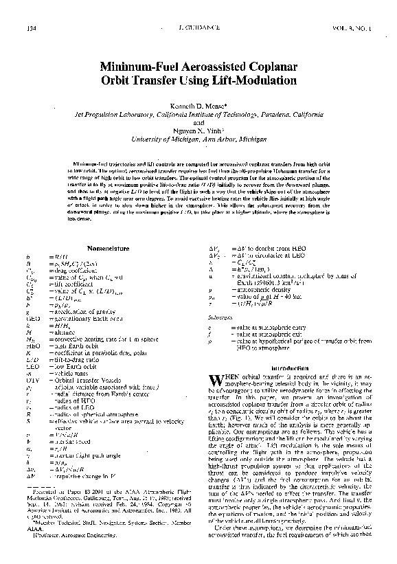 Pdf Minimum Fuel Aeroassisted Coplanar Orbit Transfer Using Lift Modulation Nguyen Truong