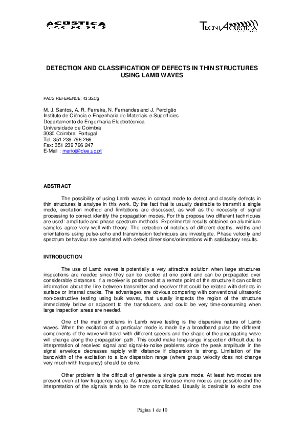 (PDF) Detection and Classification of Defects in Thin Structures Using Lamb Waves