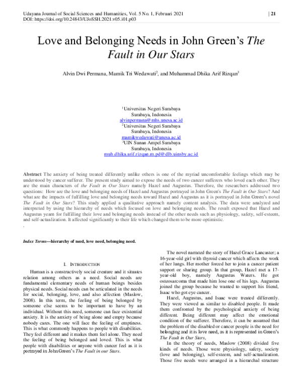 (PDF) Love and Belonging Needs in John Green’s The Fault in Our Stars