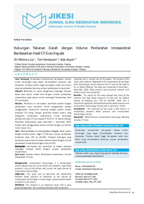 (PDF) Hubungan Tekanan Darah dengan Volume Perdarahan Intraserebral ...