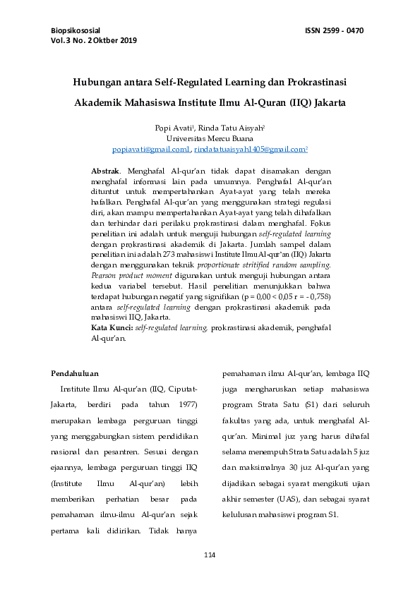 (PDF) Hubungan antara Self Regulated Learning dan Prokrastinasi Akademik Mahasiswa IIQ Jakarta