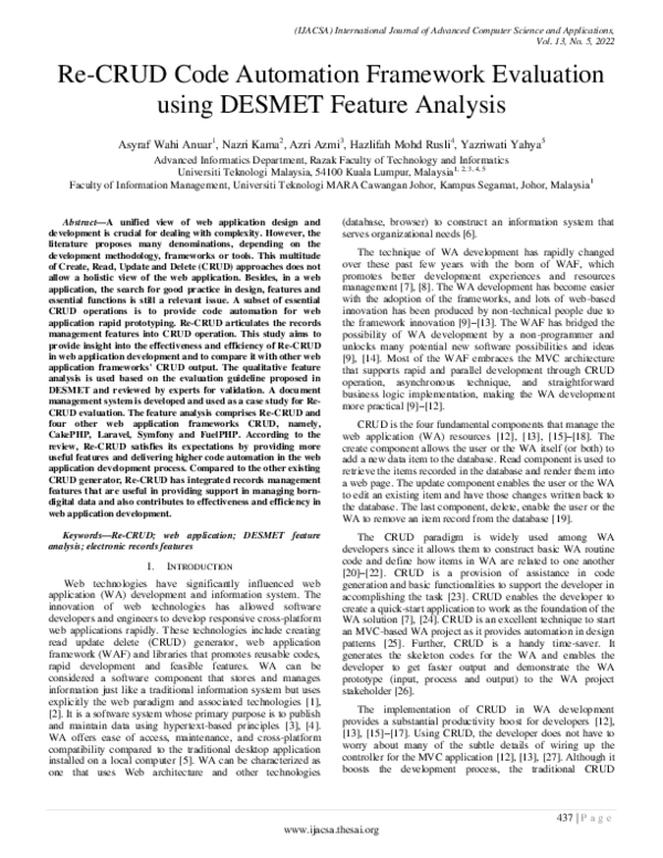Pdf Re Crud Code Automation Framework Evaluation Using Desmet Feature Analysis Yazriwati