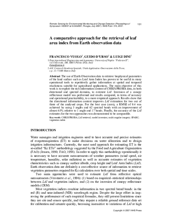 (PDF) A comparative approach for the retrieval of leaf area index from Earth observation data