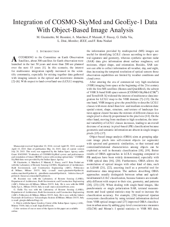 (PDF) Integration of COSMO-SkyMed and GeoEye-1 Data With Object-Based Image Analysis