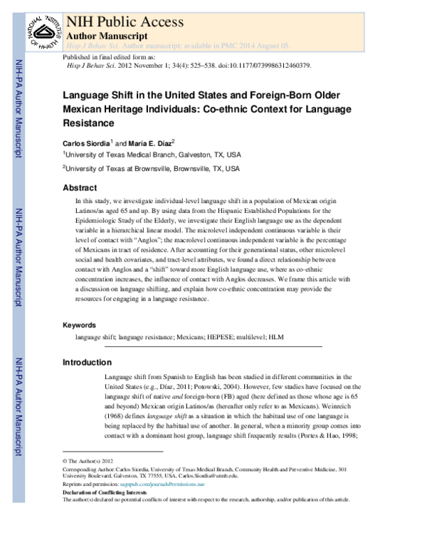 (PDF) Language Shift in the United States and Foreign-Born Older ...