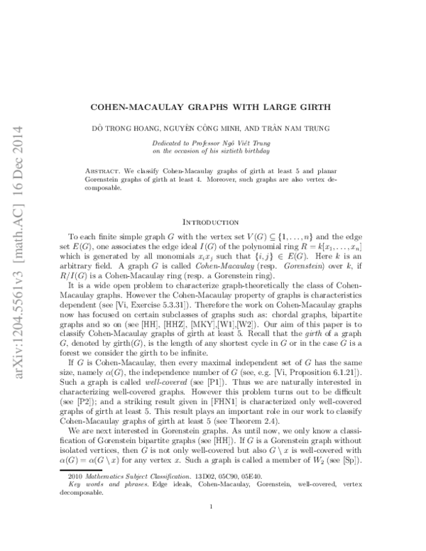 (PDF) Cohen-Macaulay Graphs with Large Girth