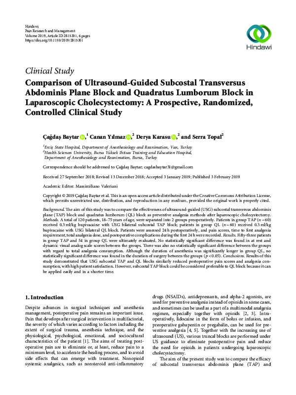 (PDF) Comparison of Ultrasound-Guided Subcostal Transversus Abdominis ...