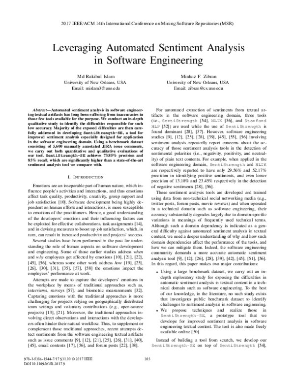 Pdf Leveraging Automated Sentiment Analysis In Software Engineering