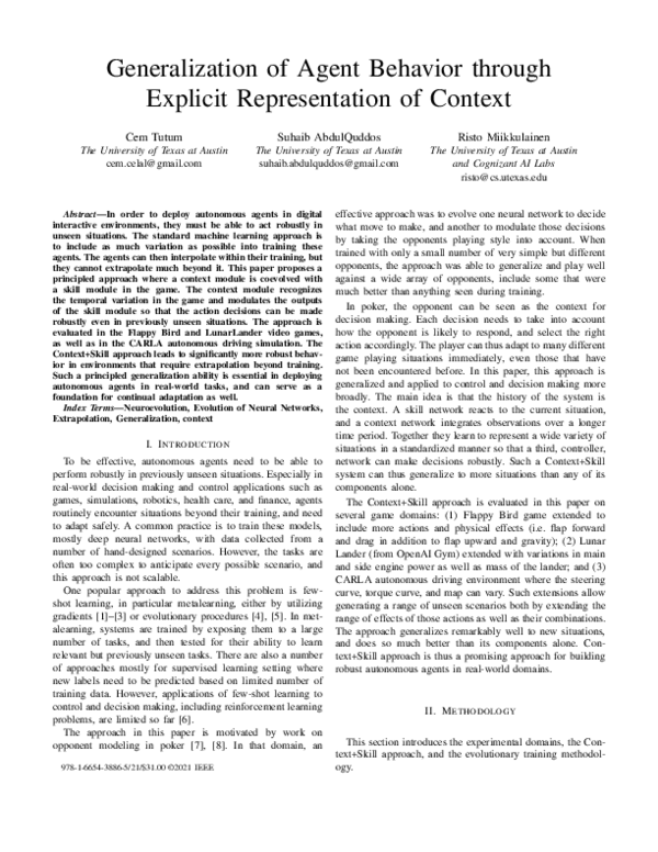 (PDF) Generalization of Agent Behavior through Explicit Representation of Context