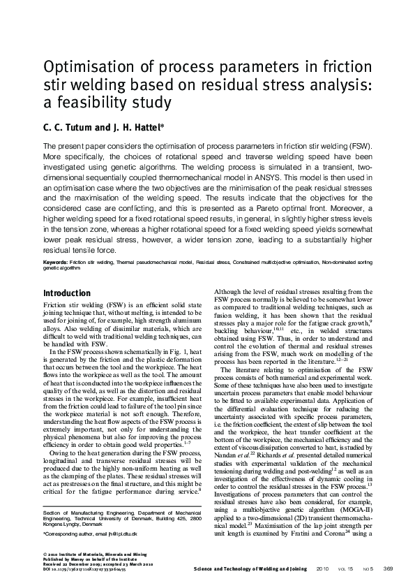 (PDF) Optimisation of process parameters in friction stir welding based on residual stress ...