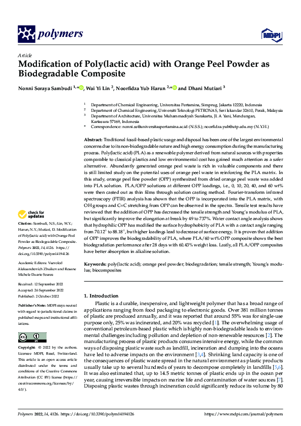 (PDF) Modification of Poly(lactic acid) with Orange Peel Powder as Biodegradable Composite