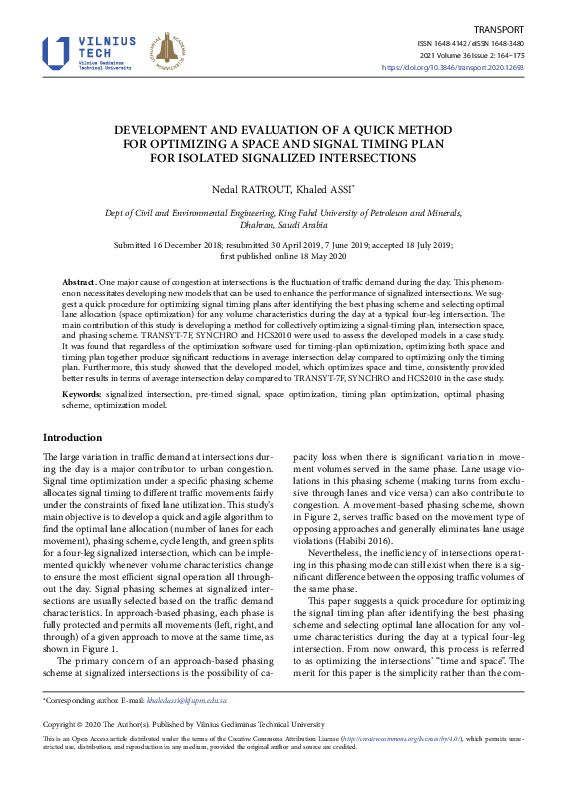 (PDF) Development and Evaluation of a Quick Method for Optimizing a Space and Signal Timing Plan ...