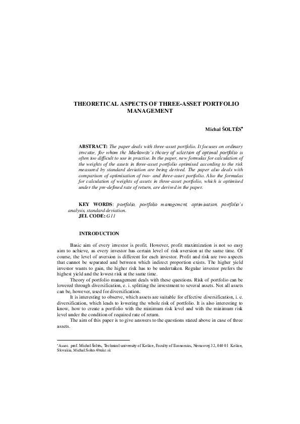 (PDF) Theoretical Aspects Of Three-Asset Portfolio Management