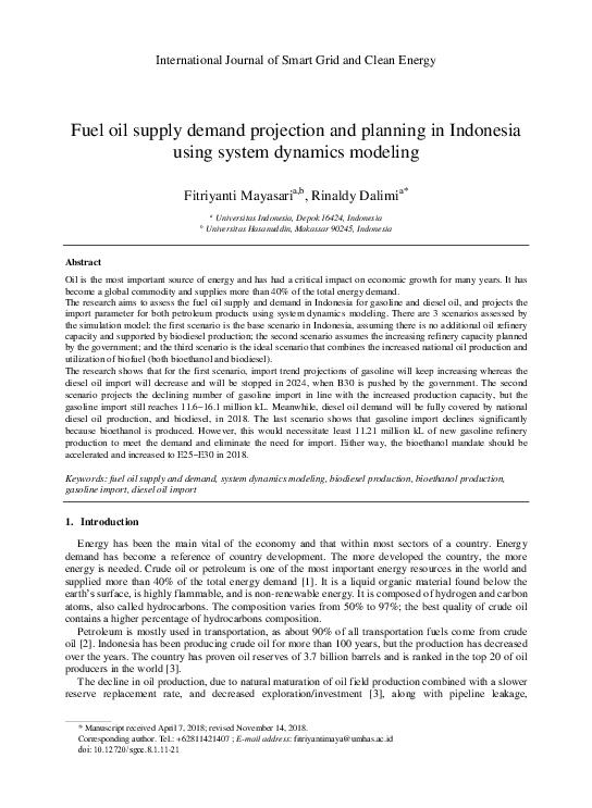 Pdf Fuel Oil Supply Demand Projection And Planning In Indonesia Using System Dynamics Modeling
