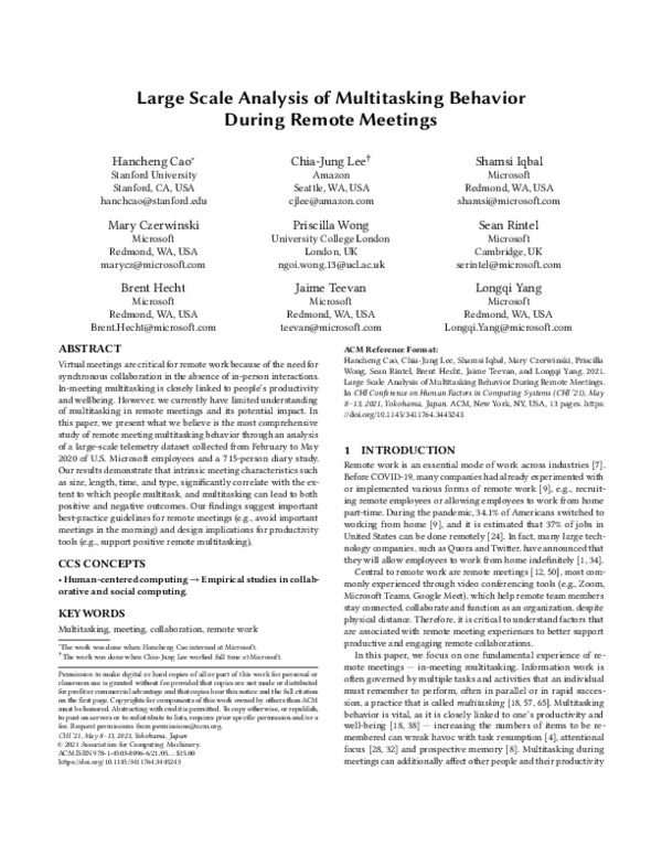 (PDF) Large Scale Analysis of Multitasking Behavior During Remote Meetings