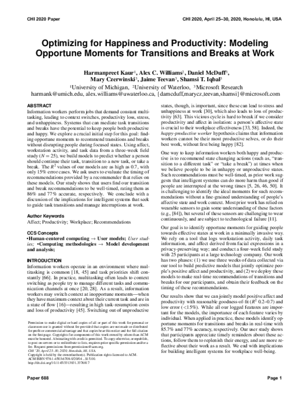 (PDF) Optimizing for Happiness and Productivity: Modeling Opportune ...
