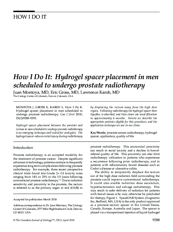 (PDF) How I Do It: Hydrogel spacer placement in men scheduled to undergo prostate radiotherapy