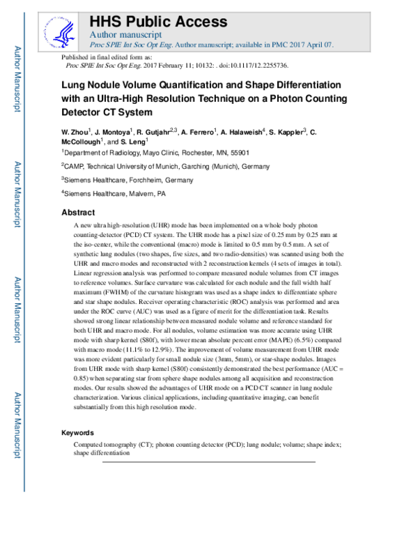 Pdf Lung Nodule Volume Quantification And Shape Differentiation With An Ultra High Resolution