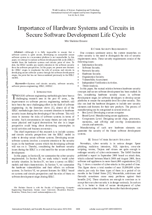 (PDF) Importance Of Hardware Systems And Circuits In Secure Software Development Life Cycle