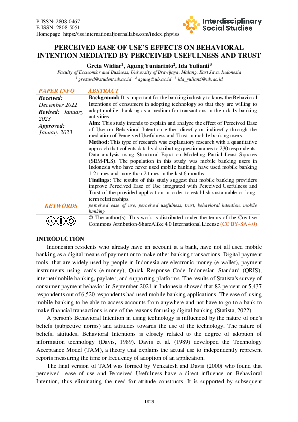 (PDF) Perceived Ease of Use’s Effects on Behavioral Intention Mediated by Perceived Usefulness ...