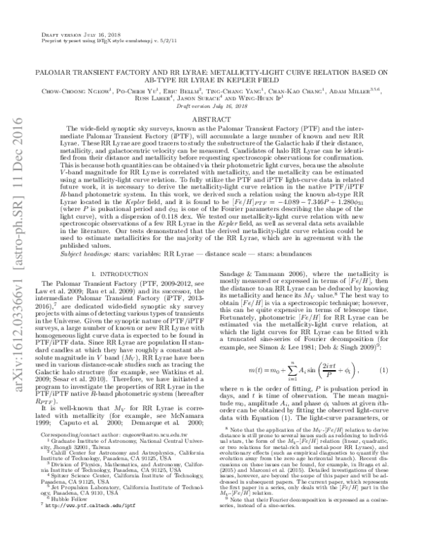 (PDF) The Palomar Transient Factory and RR Lyrae: The Metallicity–Light Curve Relation Based on ...