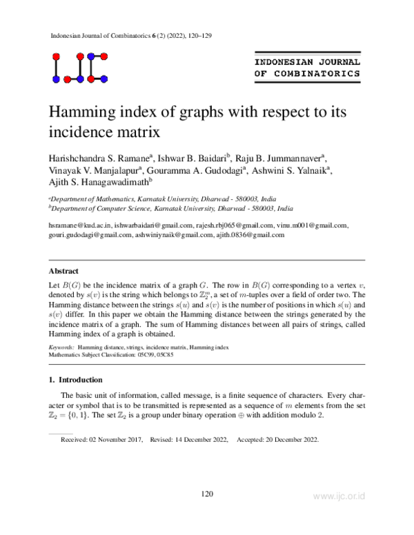 (PDF) Hamming index of graphs with respect to its incidence matrix