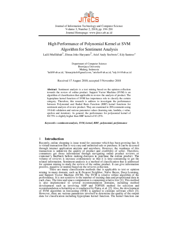 (PDF) High Performance of Polynomial Kernel at SVM Algorithm for Sentiment Analysis
