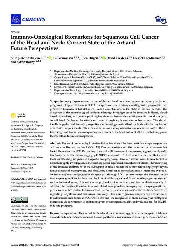 (PDF) Immuno-Oncological Biomarkers for Squamous Cell Cancer of the Head and Neck: Current State ...