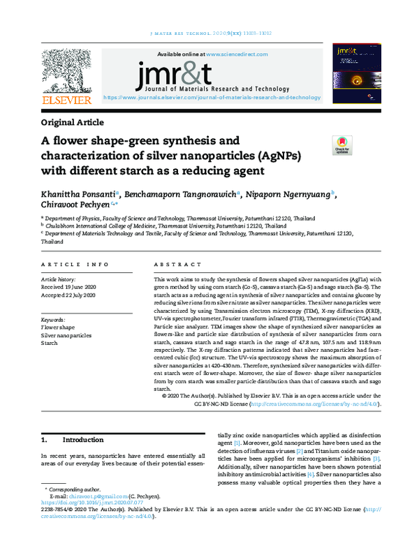 (PDF) A flower shape-green synthesis and characterization of silver nanoparticles (AgNPs) with ...