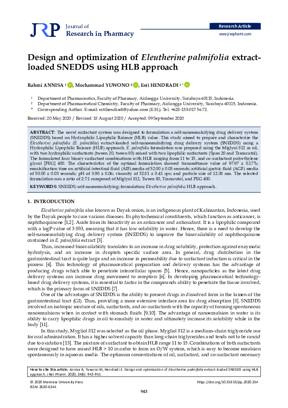 (PDF) Design and optimization of Eleutherine palmifolia extract-loaded ...