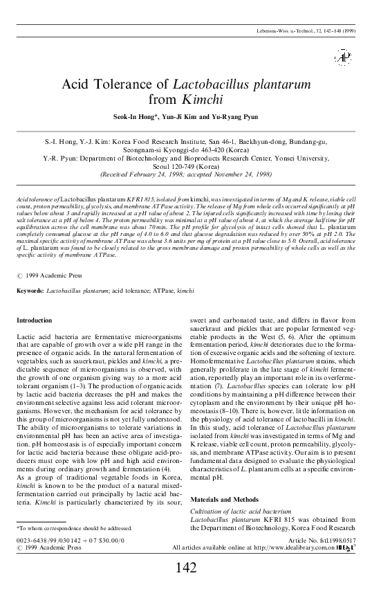 (PDF) Acid Tolerance ofLactobacillus plantarumfromKimchi