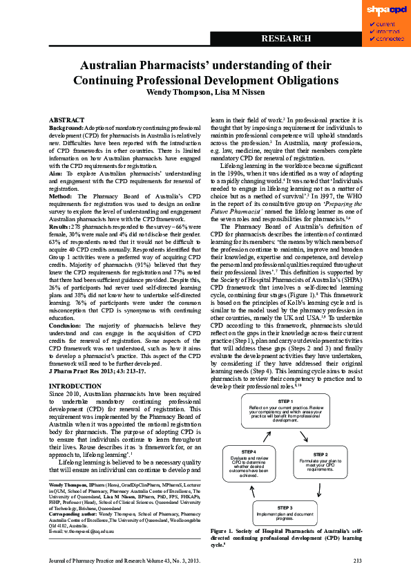 (PDF) Australian Pharmacists' understanding of their Continuing Professional Development Obligations