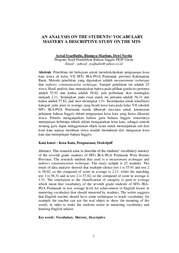(PDF) An Analysis on the Students’ Vocabulary Mastery a Descriptive ...