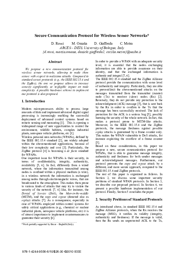 (PDF) Secure communication protocol for wireless sensor networks | Cecilia Metra - Academia.edu