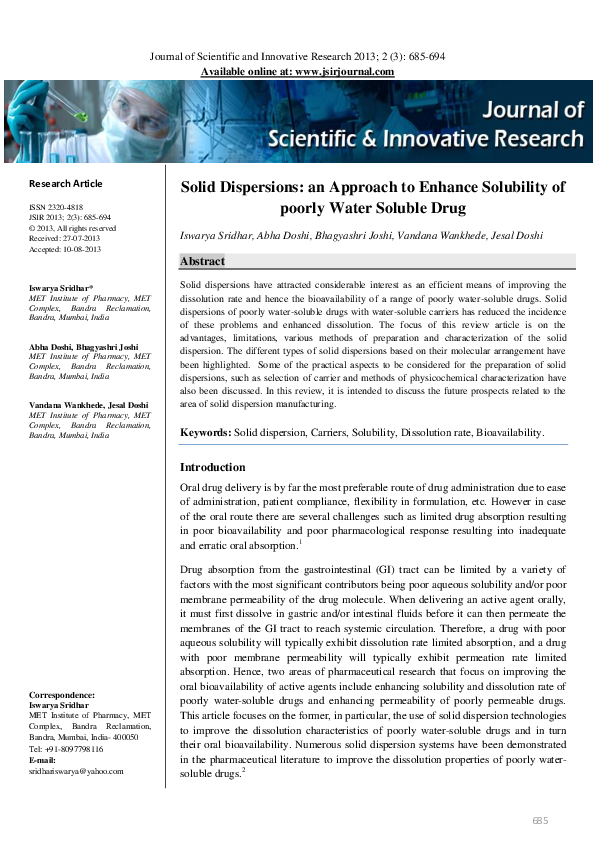 (PDF) Solid Dispersions: an Approach to Enhance Solubility of poorly ...