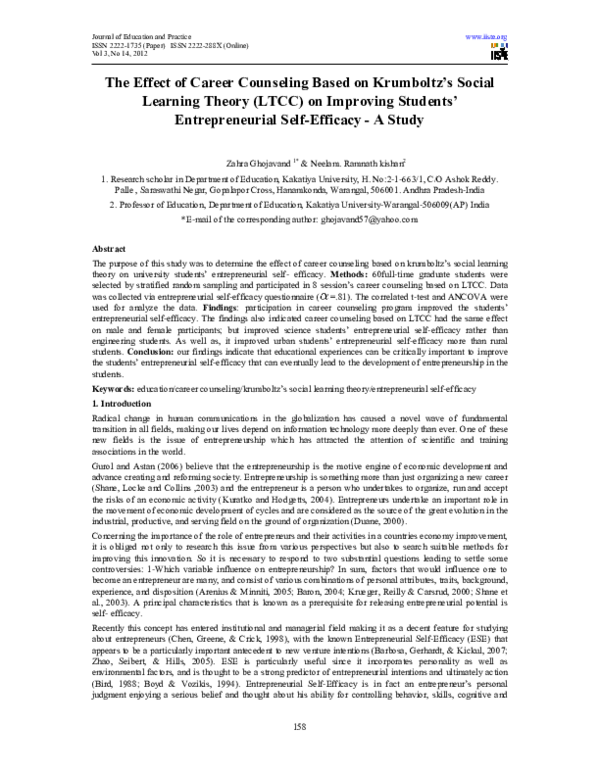 (PDF) The Effect of Career Counseling Based on Krumboltz’s Social Learning Theory (LTCC) on ...