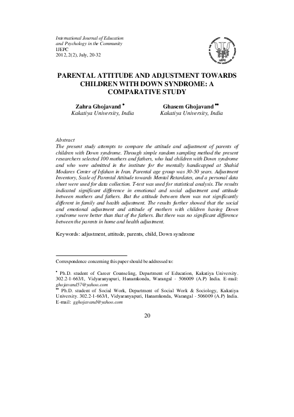 (PDF) Parental Attitude and Adjustment Towards Children with Down Syndrome : A Comparative Study