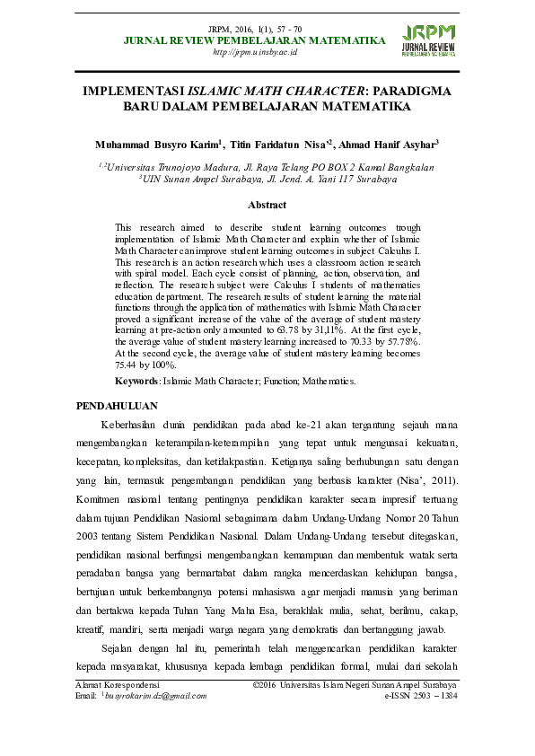 (PDF) Implementasi Islamic Math Character: Paradigma Baru Dalam Pembelajaran Matematika