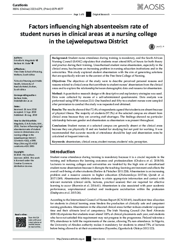 (PDF) Factors influencing high absenteeism rate of student nurses in ...