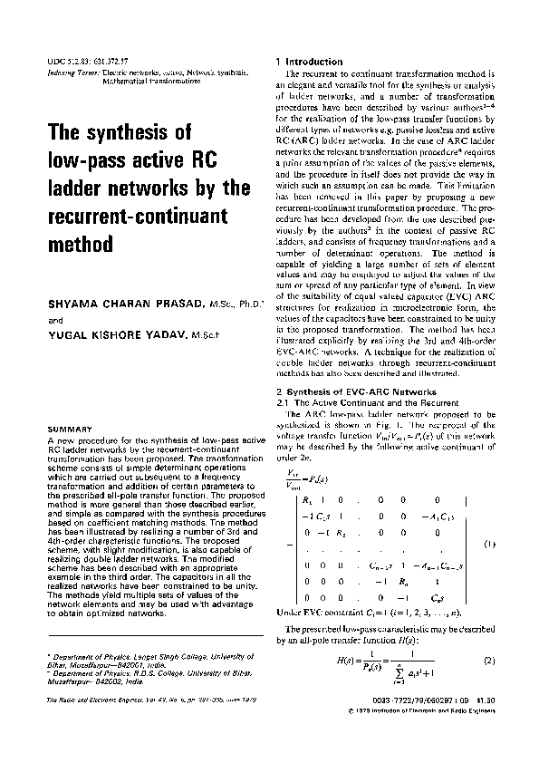 (PDF) The synthesis of low-pass active RC ladder networks by the recurrent-continuant method