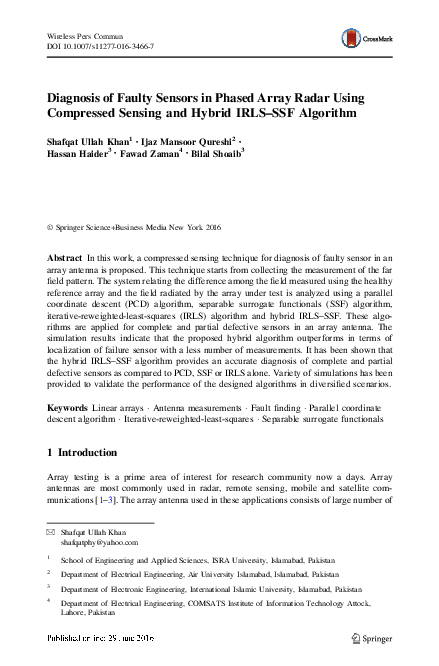 Pdf Diagnosis Of Faulty Sensors In Phased Array Radar Using Compressed Sensing And Hybrid Irls