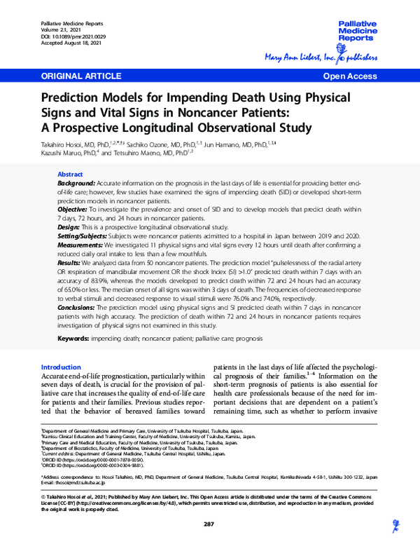 (PDF) Prediction Models for Impending Death Using Physical Signs and ...