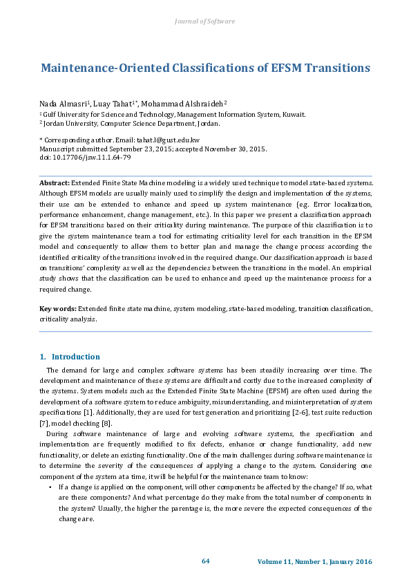 (PDF) Maintenance-Oriented Classifications of EFSM Transitions