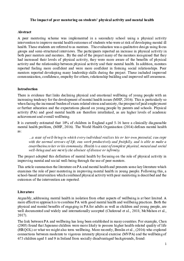 (PDF) The impact of peer mentoring on students’ physical activity and ...