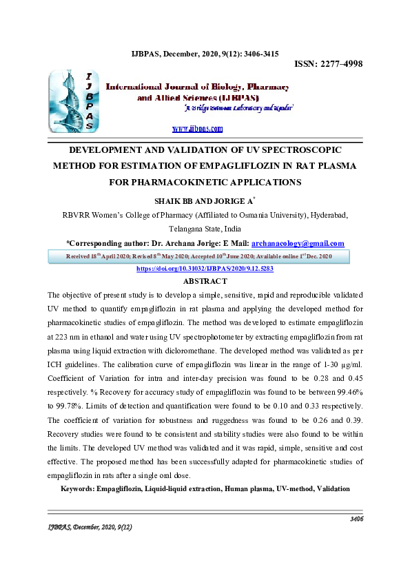 Pdf Development And Validation Of Uv Spectroscopic Method For Estimation Of Empagliflozin In