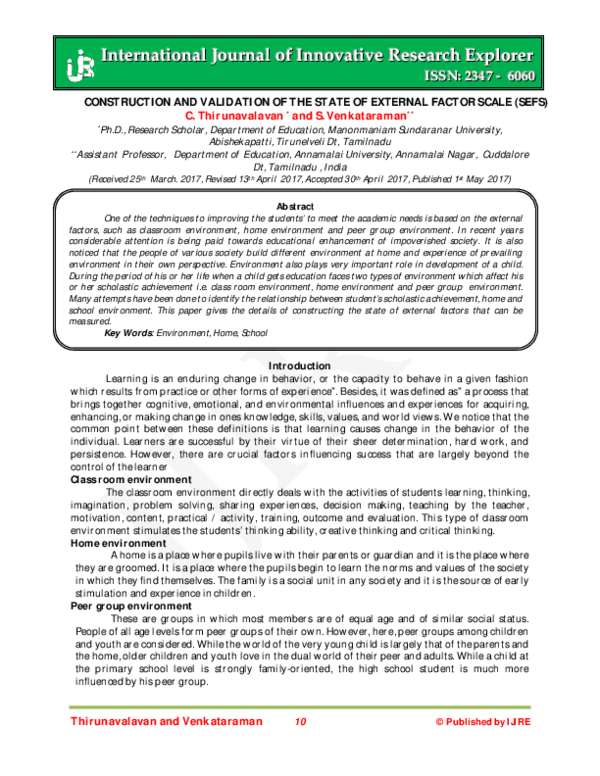 (PDF) CONSTRUCTION AND VALIDATION OF THE STATE OF EXTERNAL FACTOR SCALE ...