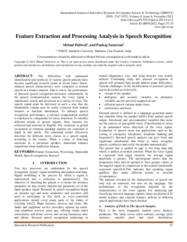 (PDF) Feature Extraction and Processing Analysis in Speech Recognition